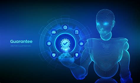 보증 보증 표준 만족 품질 보증 Iso 인증 및 표준화 개념 상위 서비스의 기호입니다 디지털 인터페이스를 만지는 로봇 손 벡터