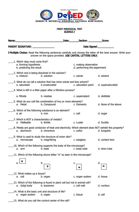 Rbemnhs Science 7 Exam First Quarter First Periodical Test Science 7