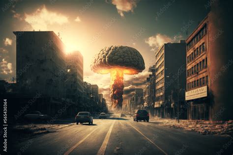 Nuke Exploding Over A City Skyline With Giant Atomic Bomb Mushroom