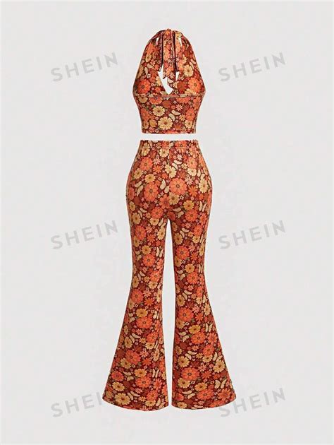 Shein Mod Floral Print Tie Backless Halter Top And Flare Leg Pants