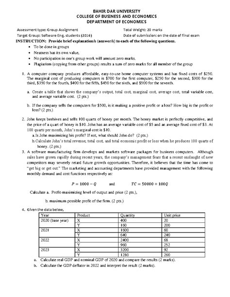Assignment For Introduction To Economics SE BAHIR DAR UNIVERSITY