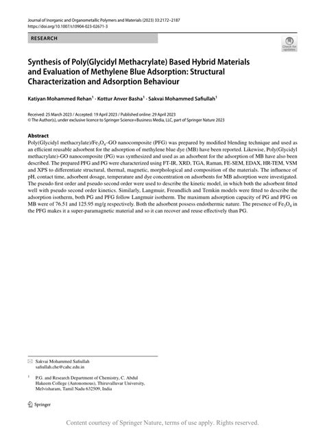 Synthesis Of Polyglycidyl Methacrylate Based Hybrid Materials And