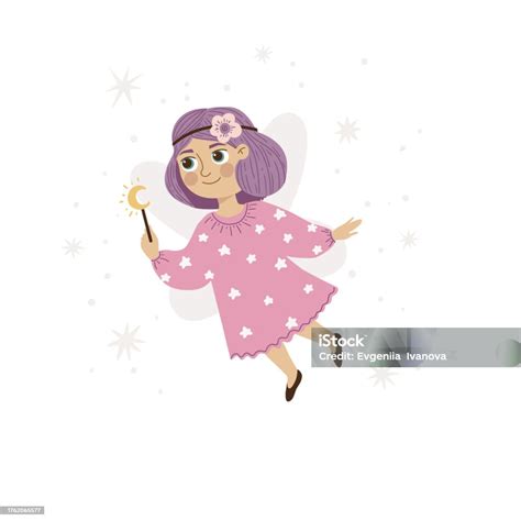 분홍색 꽃에 귀여운 요정의 벡터 그림입니다 포스터 스티커 카드 등을 인쇄하는 데 적합 0명에 대한 스톡 벡터 아트 및 기타