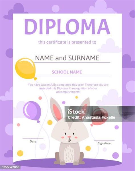 유치원 이나 초등학교에서 아이 와 아이 들을 위한 귀여운 토끼와 화려한 학교 및 유치원 졸업장 인증서 0명에 대한 스톡 벡터 아트 및 기타 이미지 Istock