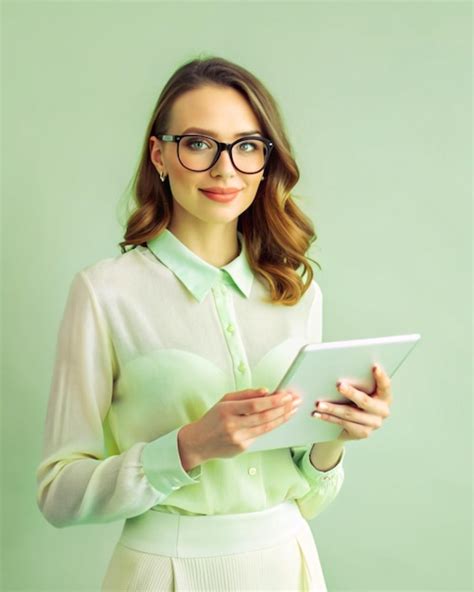 Premium Photo A Beautiful Woman Stands Wearing Glasses And Holding A