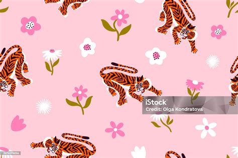 분홍색 배경에 귀여운 호랑이와 들판 꽃이 있는 벡터 매끄러운 패턴 배경 화면 웹 페이지 배경 표면 질감 섬유에 적합합니다 벡터 유행 패브릭 디자인입니다 서벵골 주에 대한