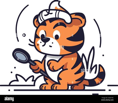 Cute Tiger In A Hat With A Magnifying Glass Vector Illustration Stock
