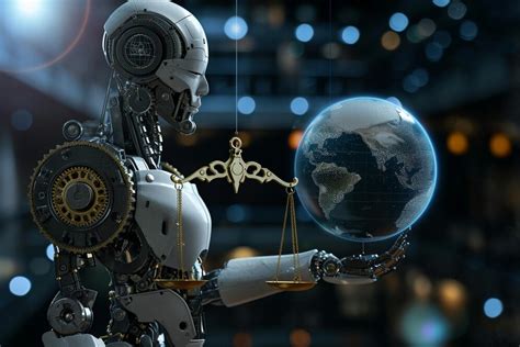 An Image Of A Humanoid Robot Holding A Balance Scale Premium Ai Generated Image