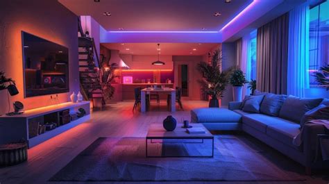 소파 커피 테이블과 Tv가 있는 거실은 네온 조명으로 조명되어 현대적이고 활기찬 분위기를 제공합니다 프리미엄 사진