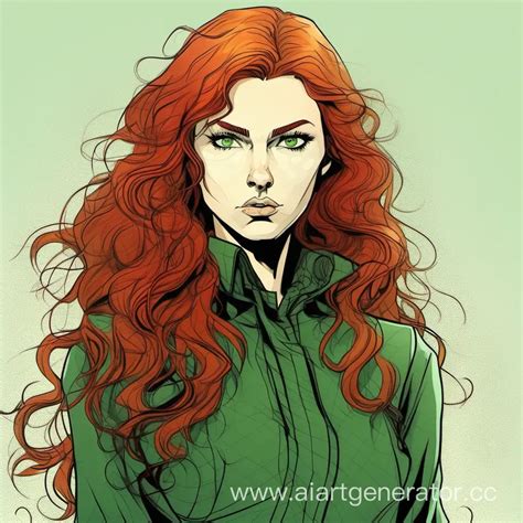 Serious Redhaired Woman With Wavy Hair And Green Eyes Portrait Ai Art Generator