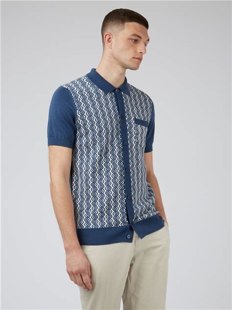 Geo Jacquard Button Polo Blue Denim Ben Sherman