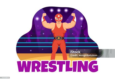 두 명의 파이터와 레슬링 그림 권투 대회 또는 챔피언십 스포츠 경기장에서 플랫 만화 손으로 랜딩 페이지 템플릿에 그려진 Championship에 대한 스톡 벡터 아트 및