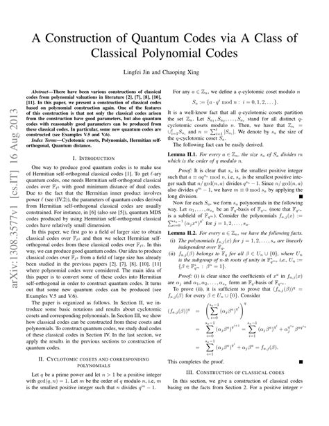 Pdf A Construction Of Quantum Codes Via A Class Of Classical Polynomial Codes