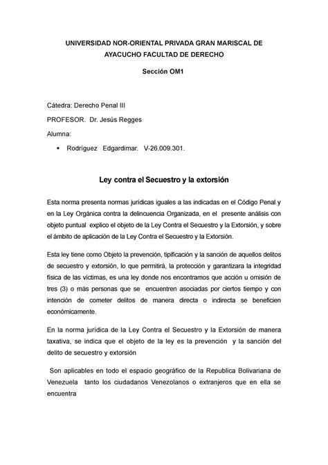 Analisis De La Ley Contra Secuestro Y Extorsion Universidad Nor