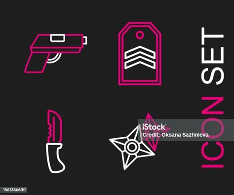 セットライン日本の忍者手裏剣ミリタリーナイフシェブロンとピストルまたは銃のアイコンベクトル アイコンのベクターアート素材や画像を多数ご用意