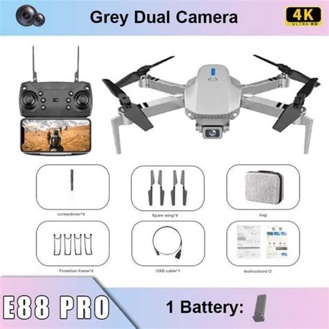 Gris Dual C 4K 1B KBDFA Drone E88 Pro avec caméra grand angle HD 4K