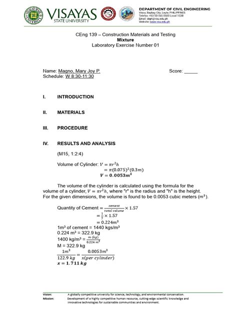Laboratory Report 1 Download Free Pdf Volume Concrete