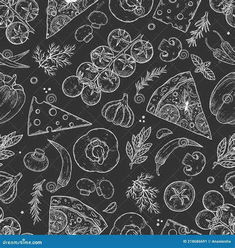 Pizza Ingredients Background Linear Graphic Tomato Garlic Basil