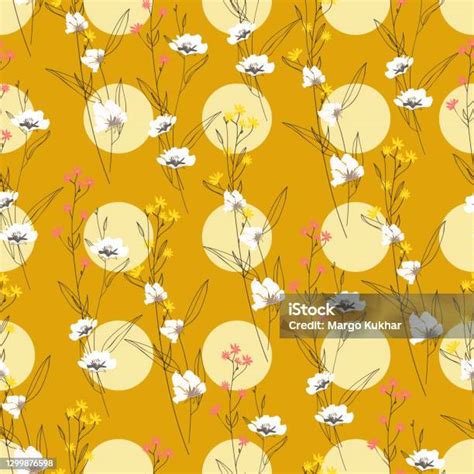 꽃 꽃 원활한 패턴 무작위로 흩어져 있는 식물 모티프 노란 물방울 무늬 배경에 그림을 그리는 가지 스케치에 손으로 그려진 노란색 꽃 색상 벡터 그림 가을에 대한 스톡 벡터