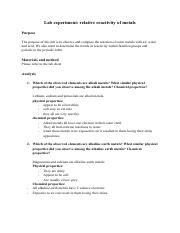 Lab Experiment Relative Reactivity Of Metals Grade Pdf Lab