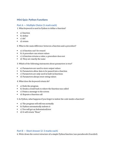 Intoduction To Python Functions Teaching Resources