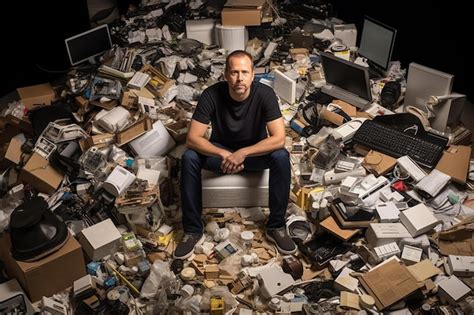 Premium Photo A Man Sits In A Pile Of Trash And A Computer Monitor