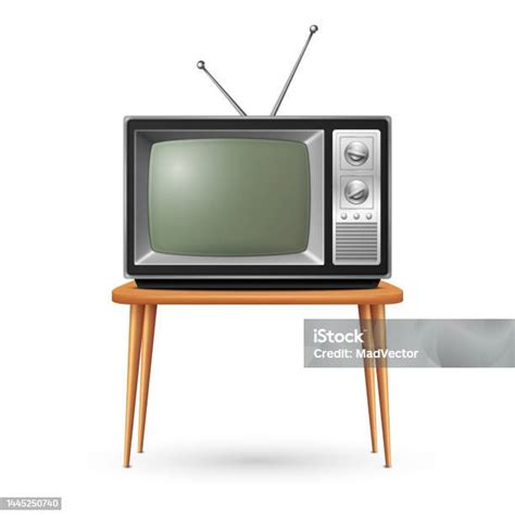 벡터 3d 현실적인 복고풍 Tv 수신기는 흰색으로 격리된 나무 테이블 스탠드 근접 촬영 빈티지 Tv 세트 텔레비전 전면 모습