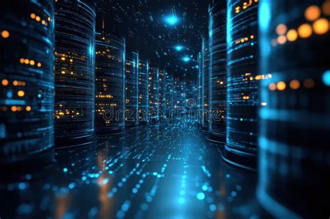A Futuristic Data Center With Glowing Servers And Digital Data Streams At Night Stock Image