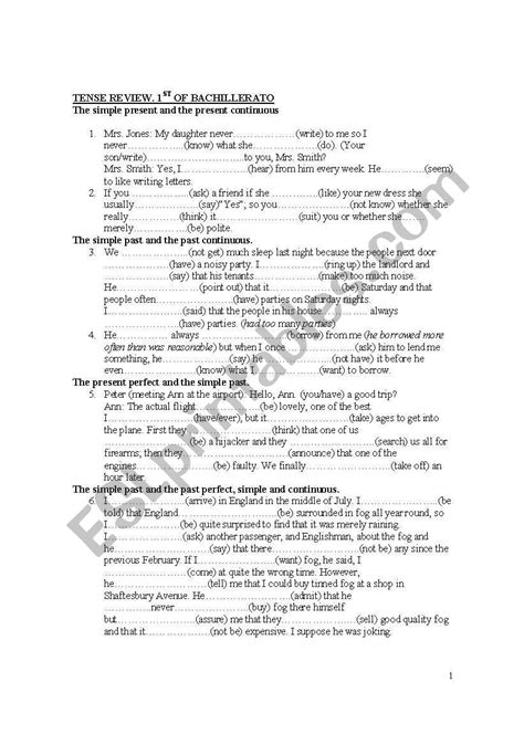 VERB TENSE REVIEW 1st BACHILLERATO ESL Worksheet By Merxay