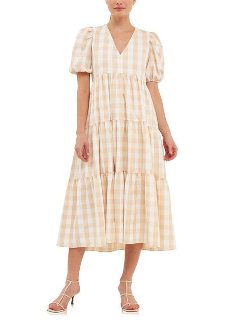 English Factory Gingham Puff Sleeve Tiered Midi Dress In Natural Lyst