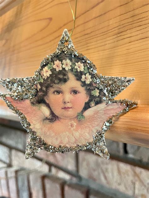 Vintage Image Angel Cherub Pink Star Gold German Glass Glitter Ephemera Cardstock Christmas