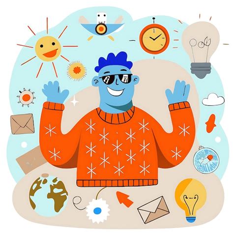 Playful Illustration Of A Joyful Character Surrounded By Fun Objects And Symbols Premium Ai