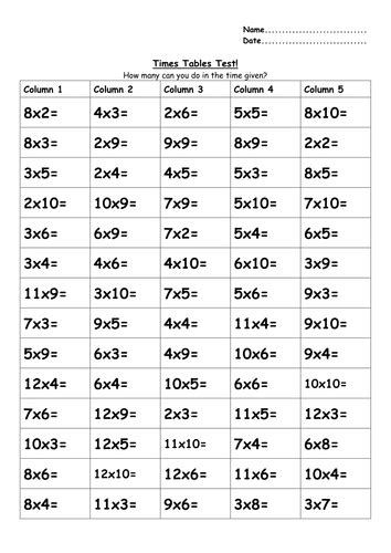 Times Tables Practice Worksheets Ks2