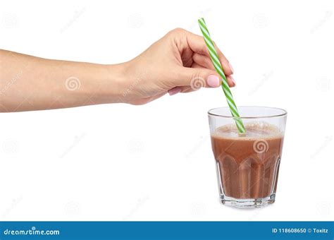 Glass Of Chocolate Milk Cocoa And Straw With Hand Isolated On White