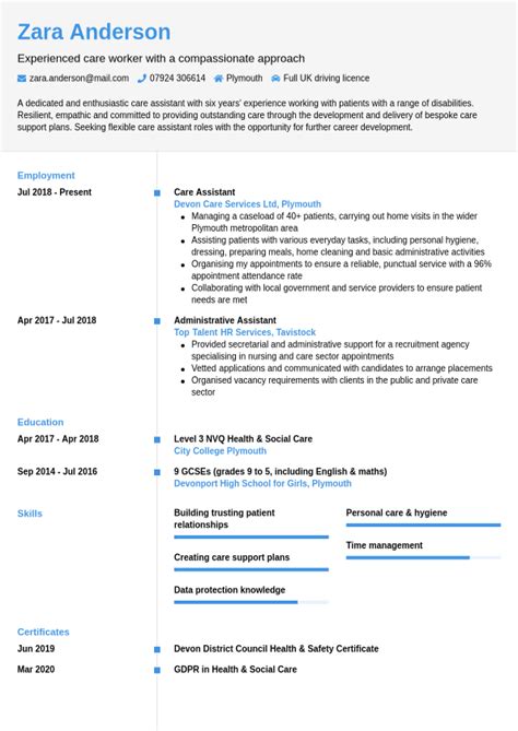 Care Assistant Cv Example Cvwizard