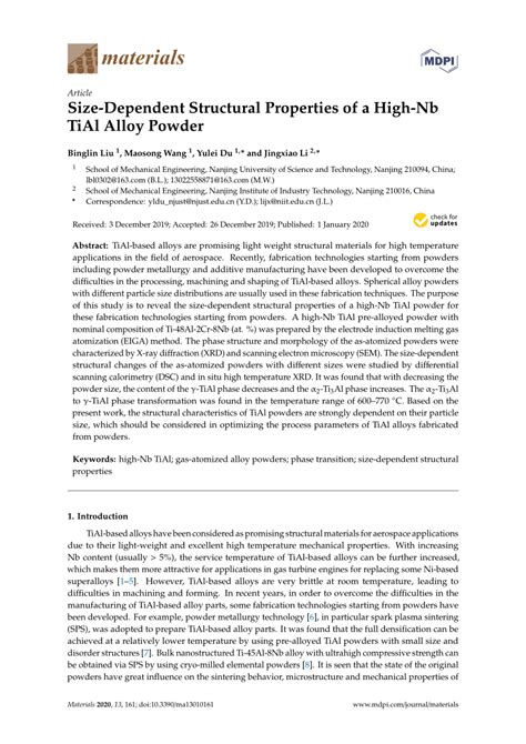 Pdf Size Dependent Structural Properties Of A High Nb Tial Alloy Powder