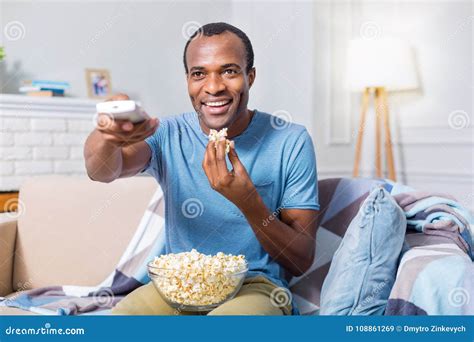 Nice Happy Man Holding A Bowl With Popcorn Stock Image Image Of