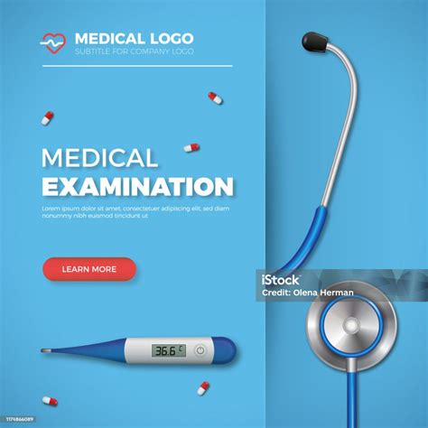 건강 검진 카드 파란색 배경에 의료 도구와 로고가있는 의료 배너 포스터 소셜 미디어 웹 커버를위한 의학 건강 십자가 및 장식에
