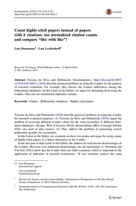 PDF Count Highly Cited Papers Instead Of Papers With H Citations Use
