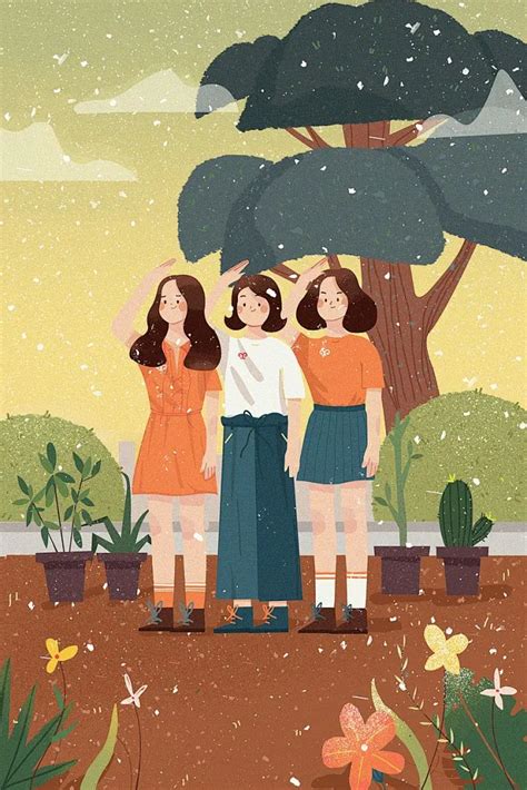 女生节女神节闺蜜卡通扁平人物风景插画 花瓣网