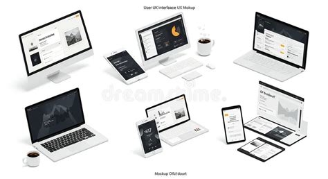 various digital device mockups display user interface designs including laptops stock