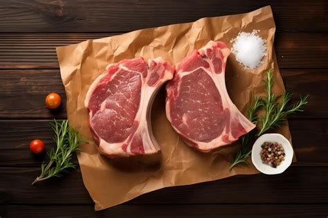 Top View Raw Pork Chop Steak On Paper On Wooden Background Premium Ai