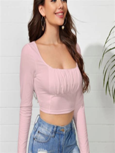 Buy Baesd Opaque Sheen Round Neck Long Sleeves Knitted Crop Empire Top