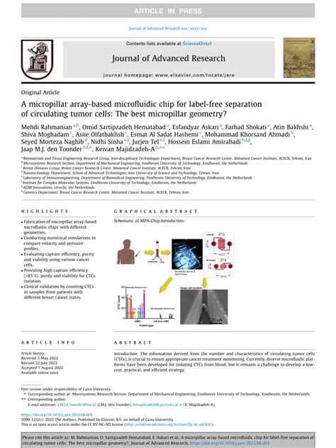 PDF A Micropillar Array Based Microfluidic Chip For Label Free