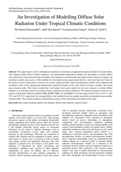 Pdf An Investigation Of Modelling Diffuse Solar Radiation Under Tropical Climatic Conditions