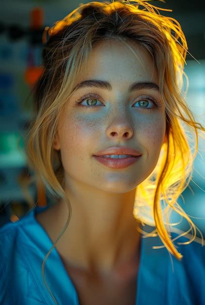 Woman With Blonde Hair Smiles A Woman With Blonde Hair Smiles At The Camera Premium Ai