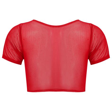 Sexy Women Sheer Mesh See Through Open Bust Crop Top Short Sleeve
