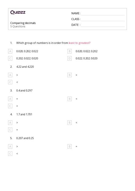 50 Comparing Decimals Worksheets For 1st Class On Quizizz Free