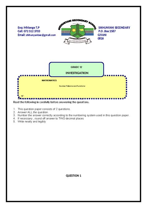 Grade 12 Investigation Number Patterns Enq Mhlongo T Sikhunyani