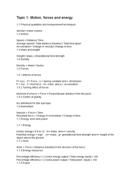 Physics Igcse Formula Sheet Pdf Force Temperature